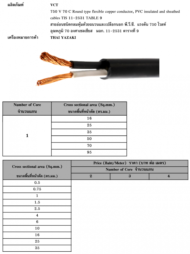 สายไฟ สายทนความร้อน THW VCT VFF VSF VAF HO7V-K CV CVV NYY LIYCY OPVC-JZ ...
